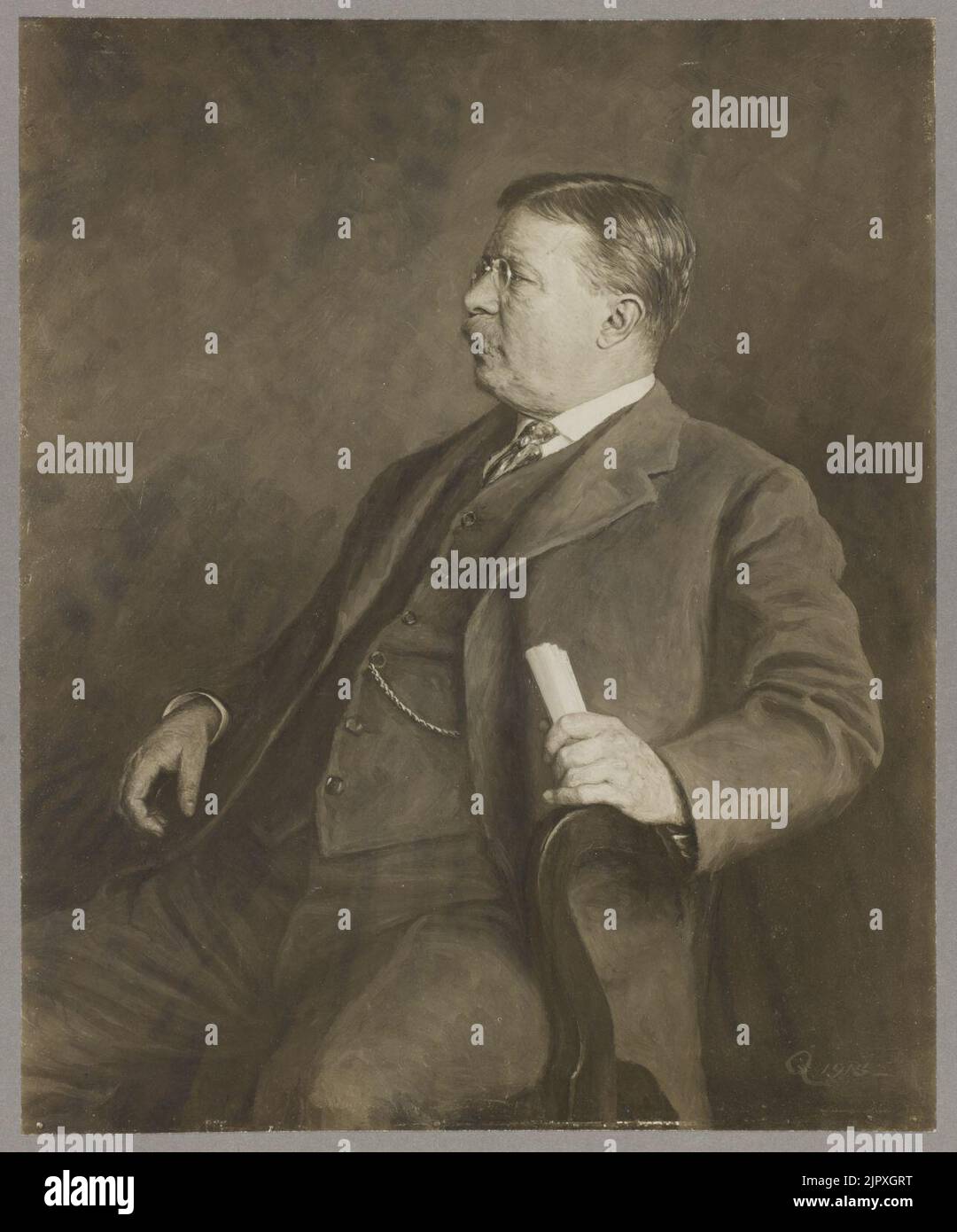 Theodore Roosevelt, three-quarter view portrait, seated in small ...