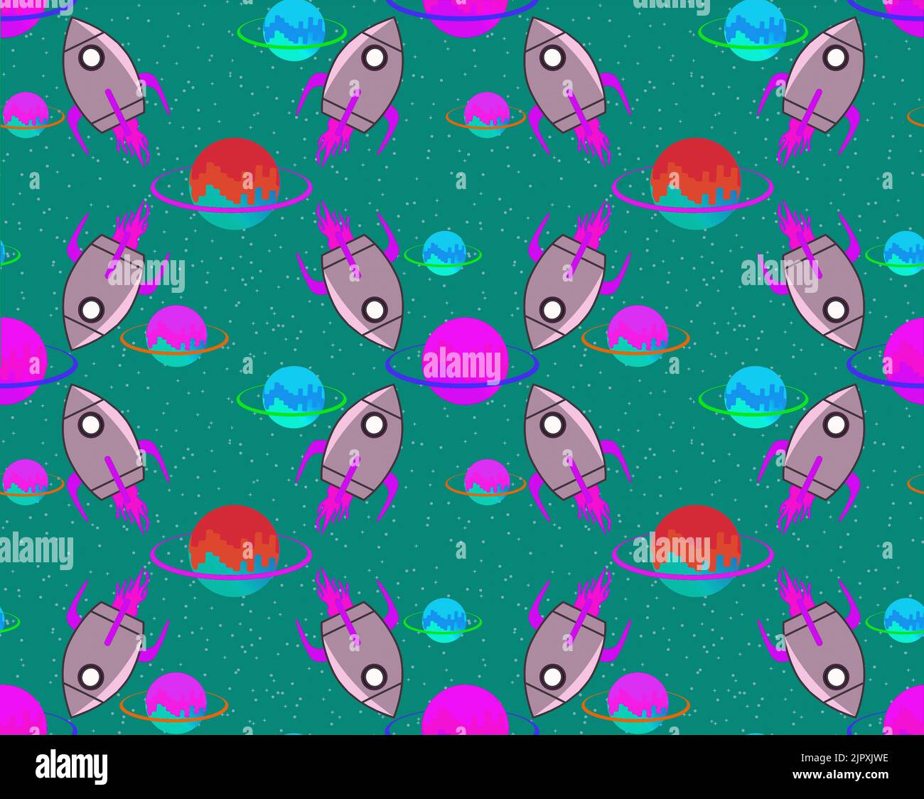 Spaceships circling planets in a starry sky, a colorful repeating ...