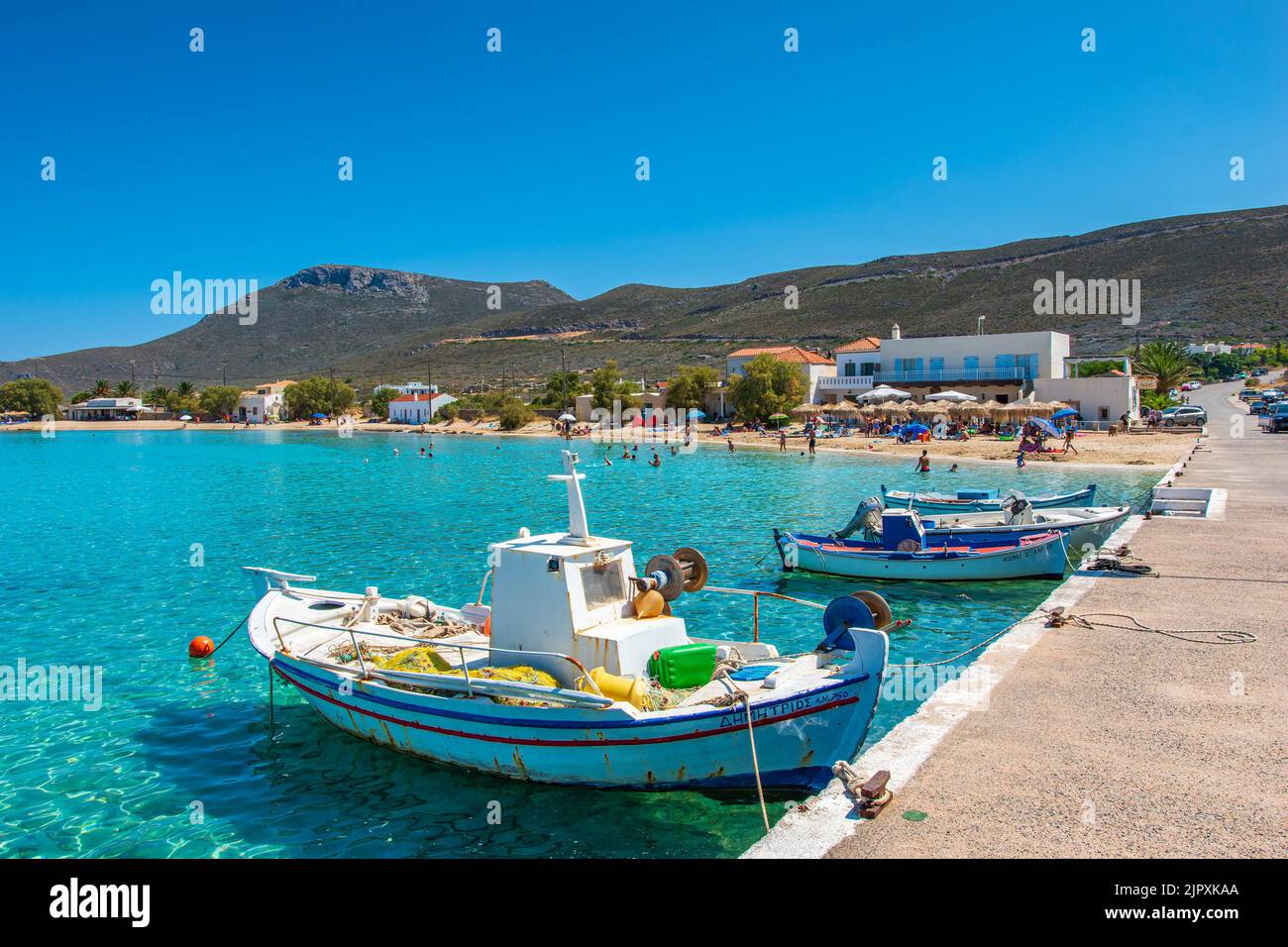 Traditional wooden fishing boats in Diakofti harbor in Kythira island ...