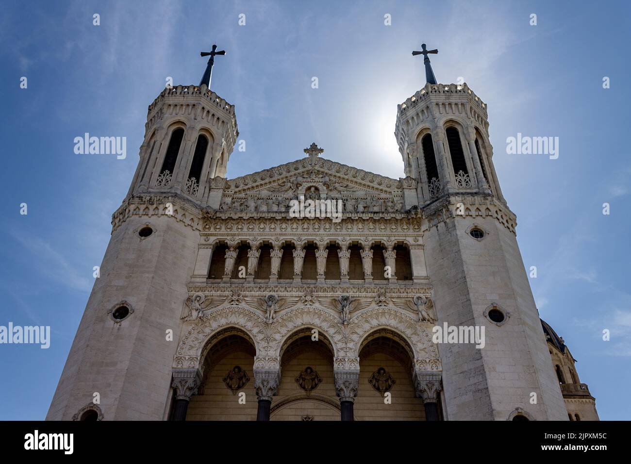 The facade of the Basilica of Notre Dame de Fourviere, Lyon, France ...