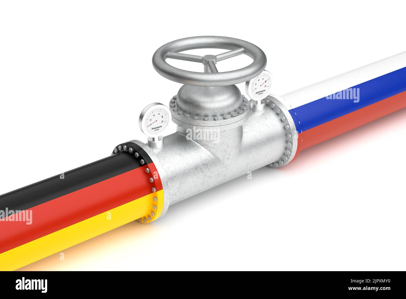 Natural Gas shortage in Germany concept. A pipeline with the flags of ...