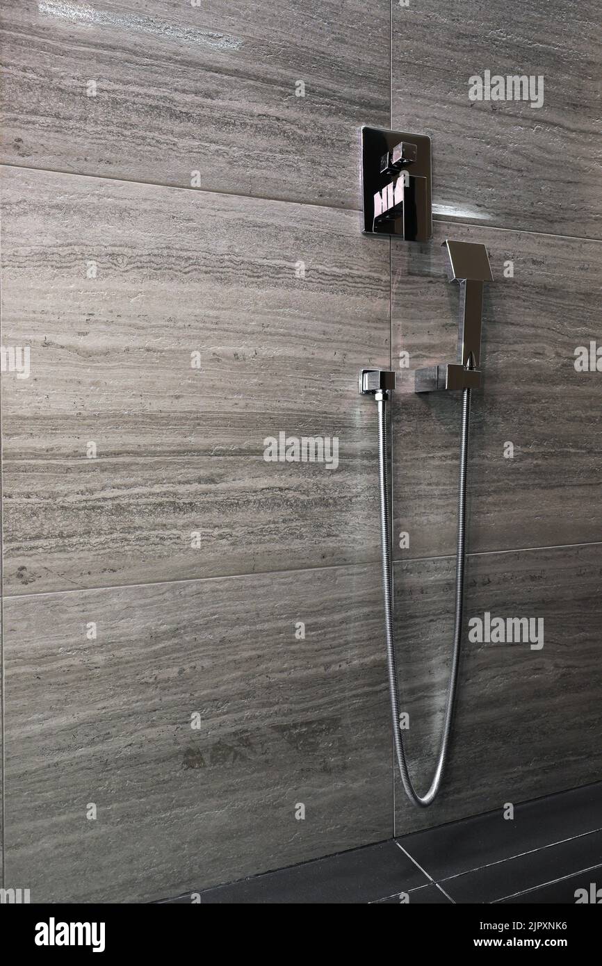 Modern chrome shower close-up in the shower room interior Stock Photo ...