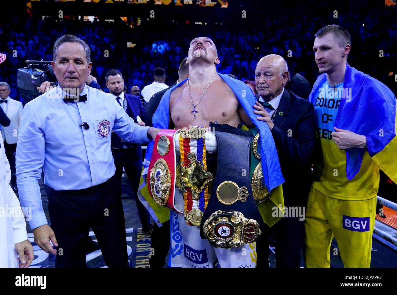 Oleksandr Usyk reacts after winning the World Heavyweight Championship WBA Super IBF, IBO and ...