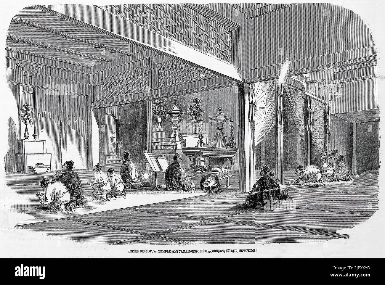 Interior of a temple in Japan - Worshipers at their devotion, 1860 ...