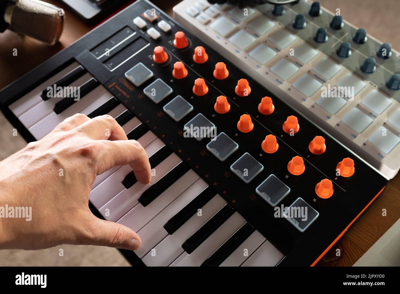 Close-up. Modern midi keyboard. Professional equipment for recording ...