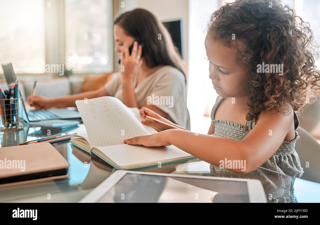 Distance learning, independent or child development of a little girl ...