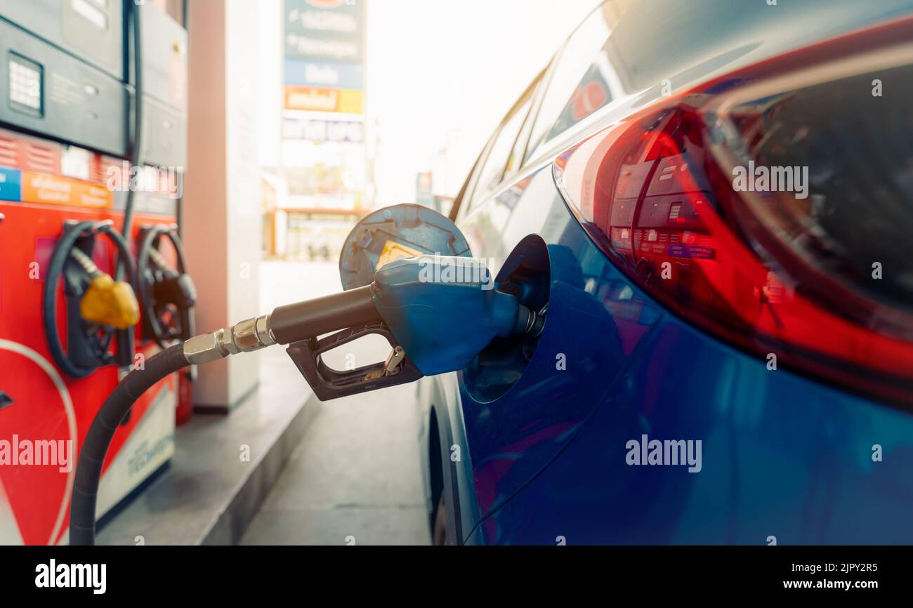 Car fueling at gas station. Refuel fill up with petrol gasoline. Petrol ...