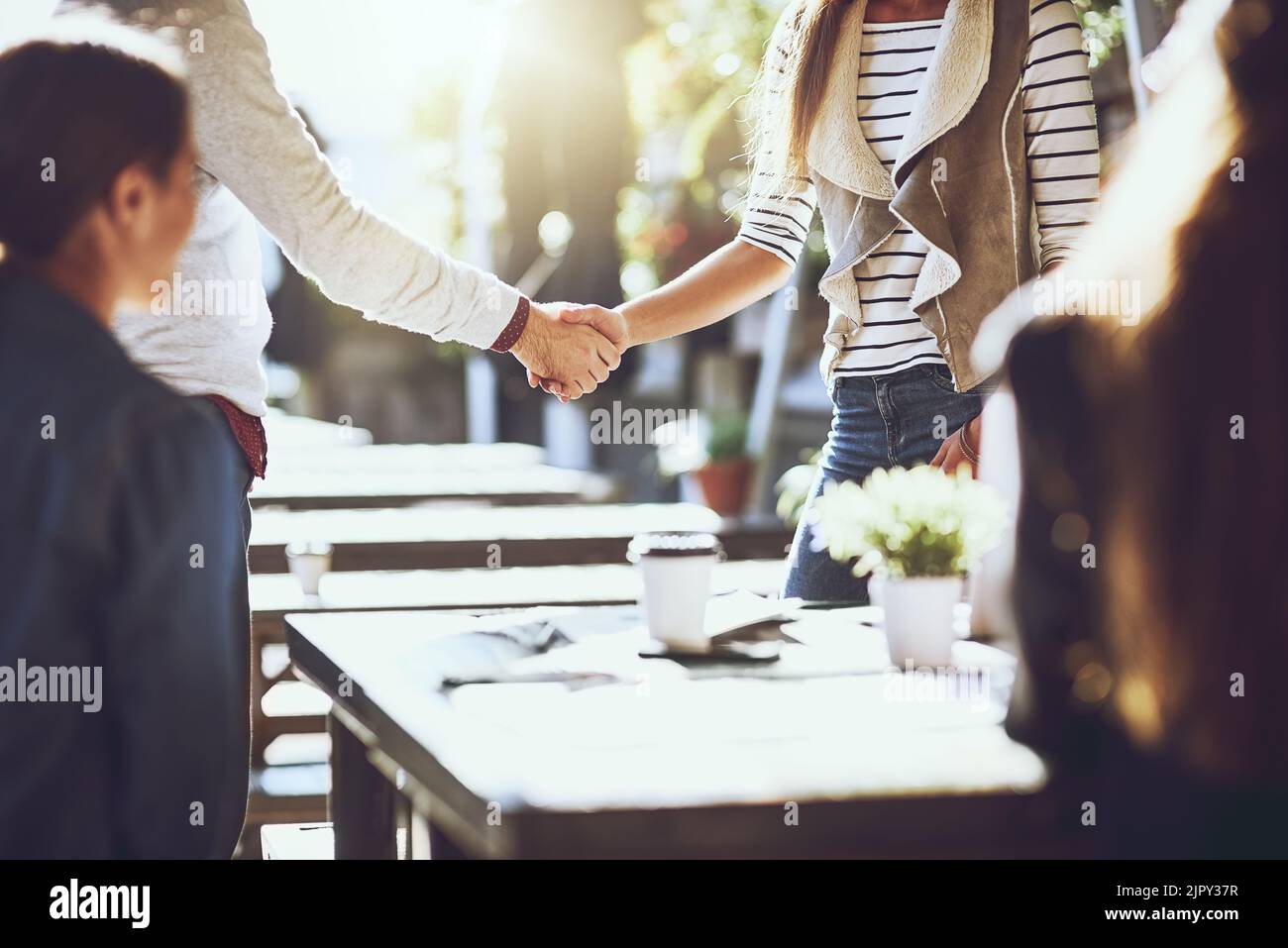 Good to meet you. colleagues shaking hands during a meeting at an ...