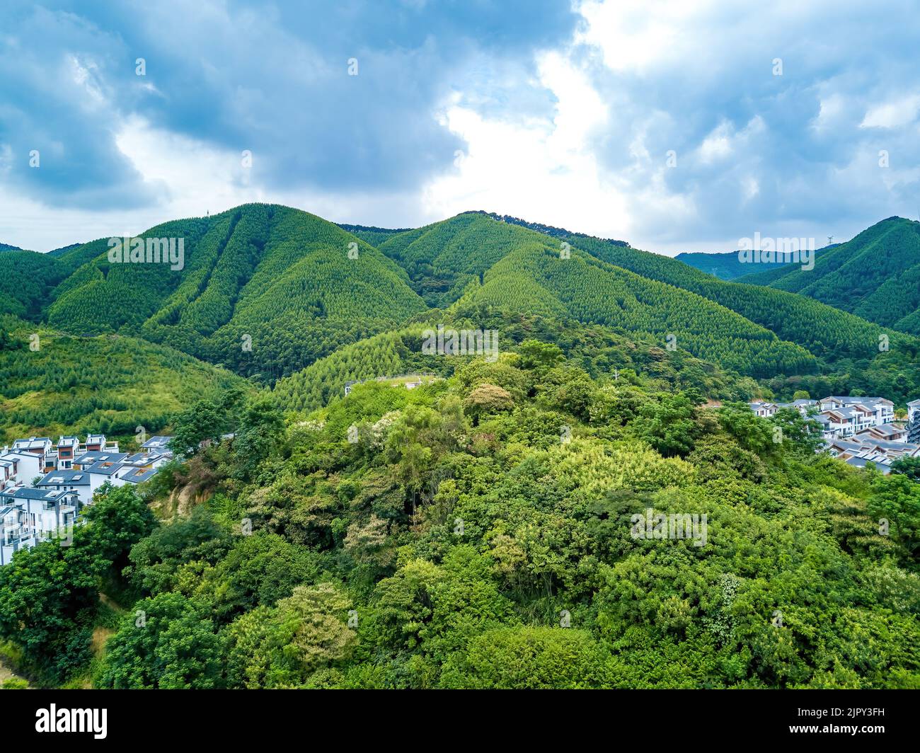Landscape of green hills forest and blue sky and white clouds on the ...
