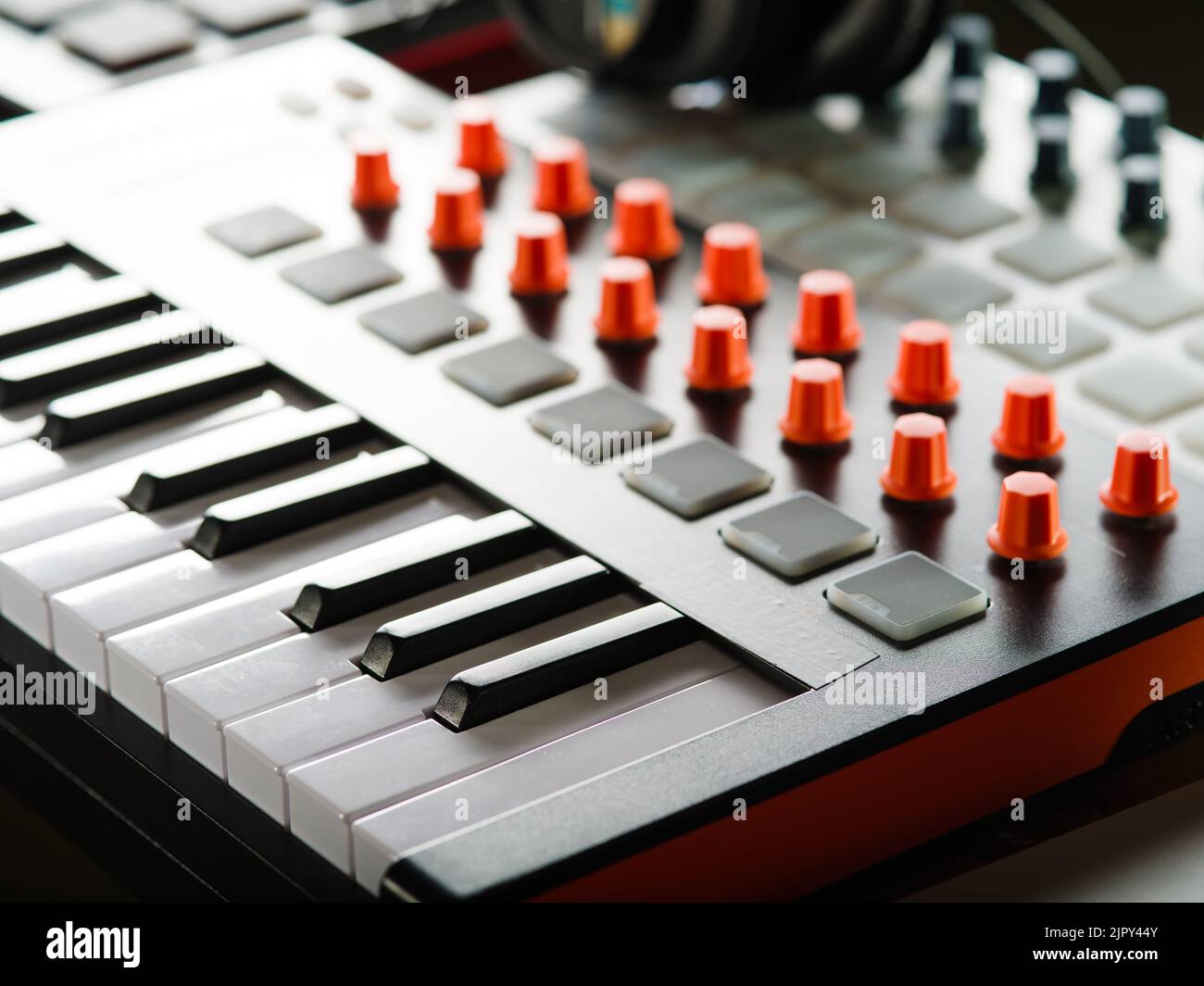 Close-up. MIDI keyboard. Modern musical equipment for recording studio ...