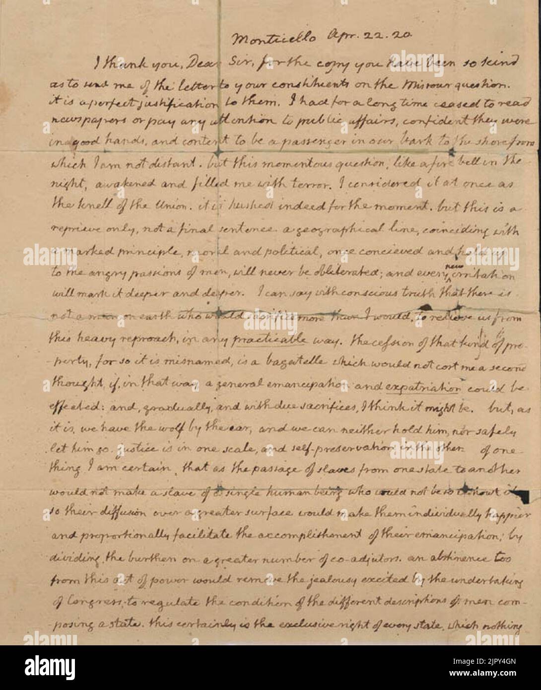 Thomas Jefferson letter to John Holmes (U.S. politician) April 22 1820 ...