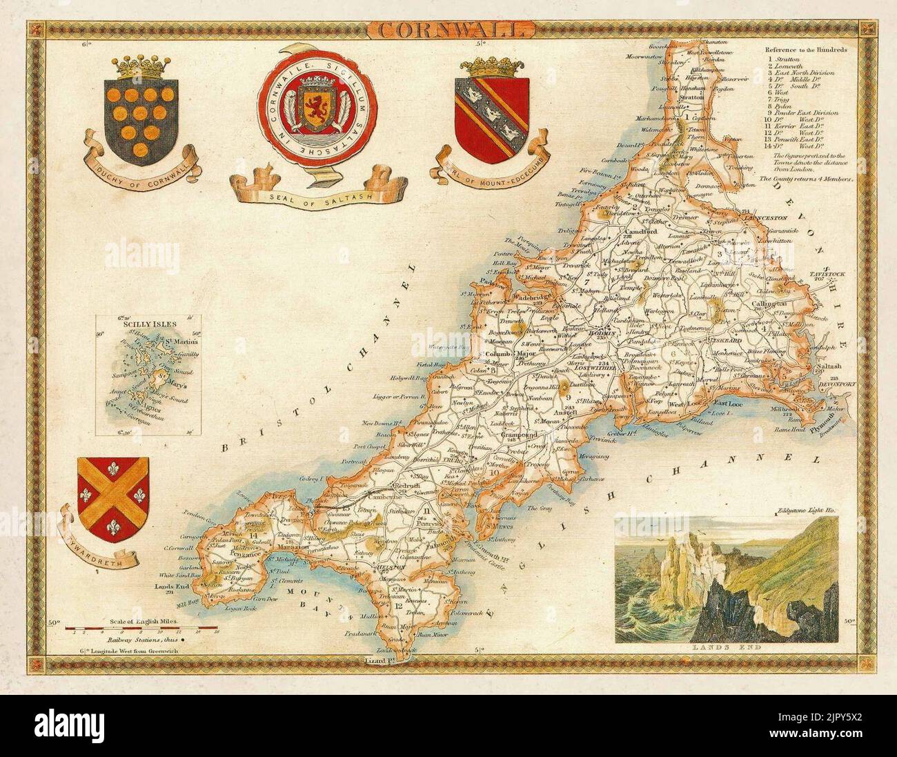 Thomas Moule - Historical Map of Cornwall - 1850 - 001 Stock Photo - Alamy
