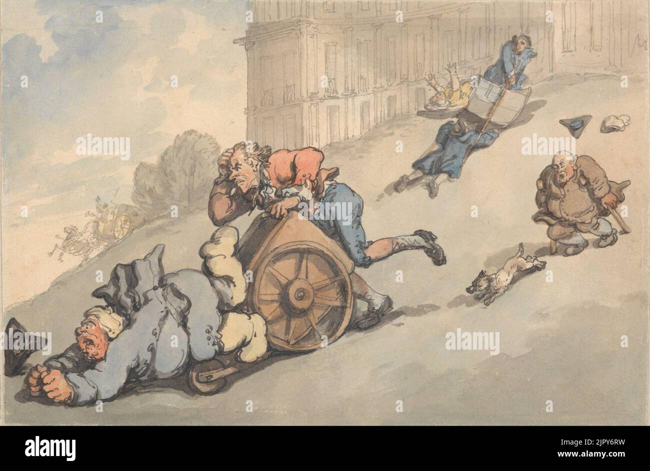 Thomas Rowlandson - Comforts of Bath- Gouty Persons Fall on Steep HIll ...