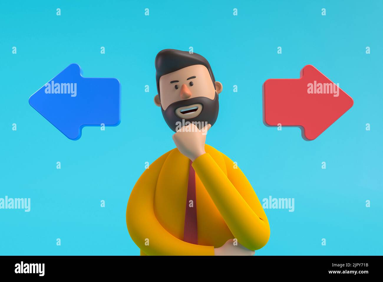 3d illustration.Confused Man have to choose the right arrow to follow ...