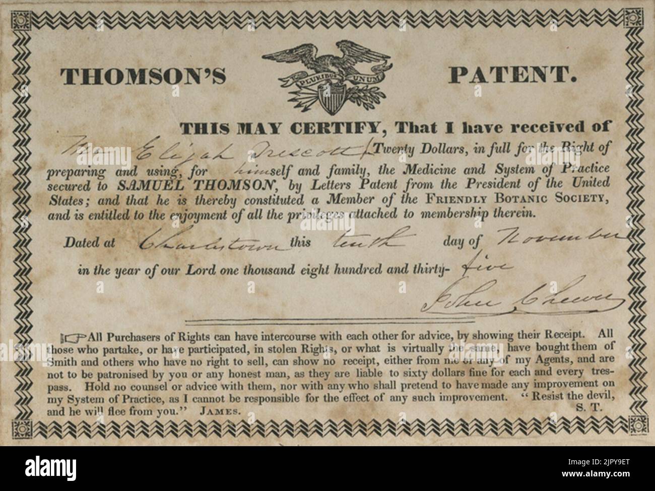 Thomson's patent for Elijah Trescott, 1835 Stock Photo - Alamy