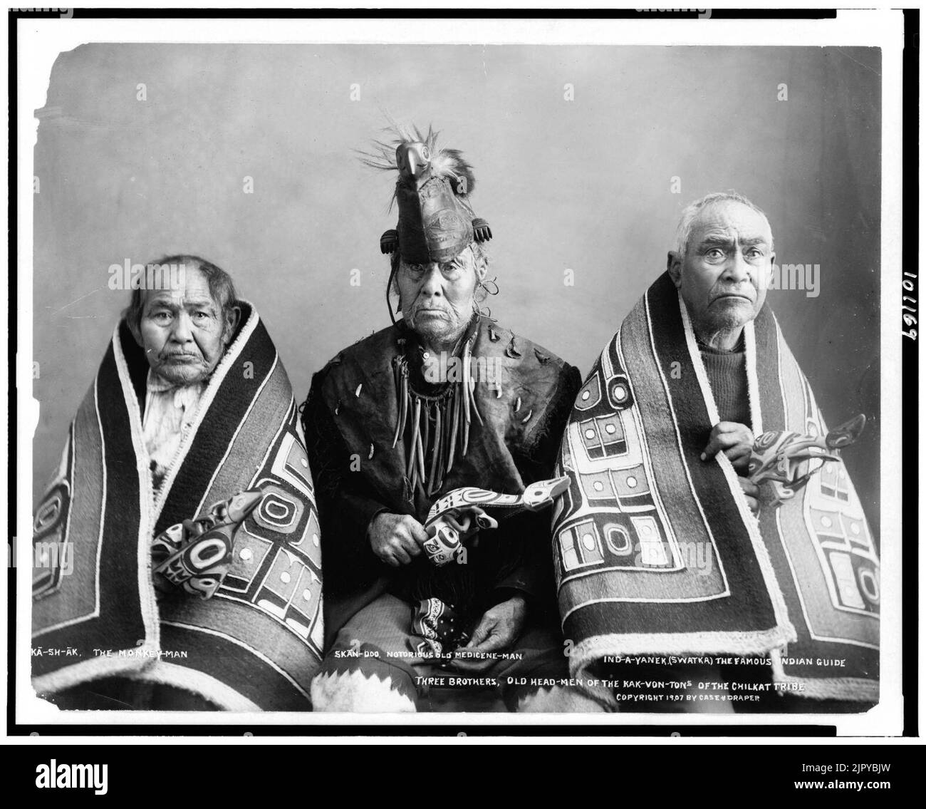 Three brothers, old head-men of the Kak-Von-Tons of the Chilkat tribe ...