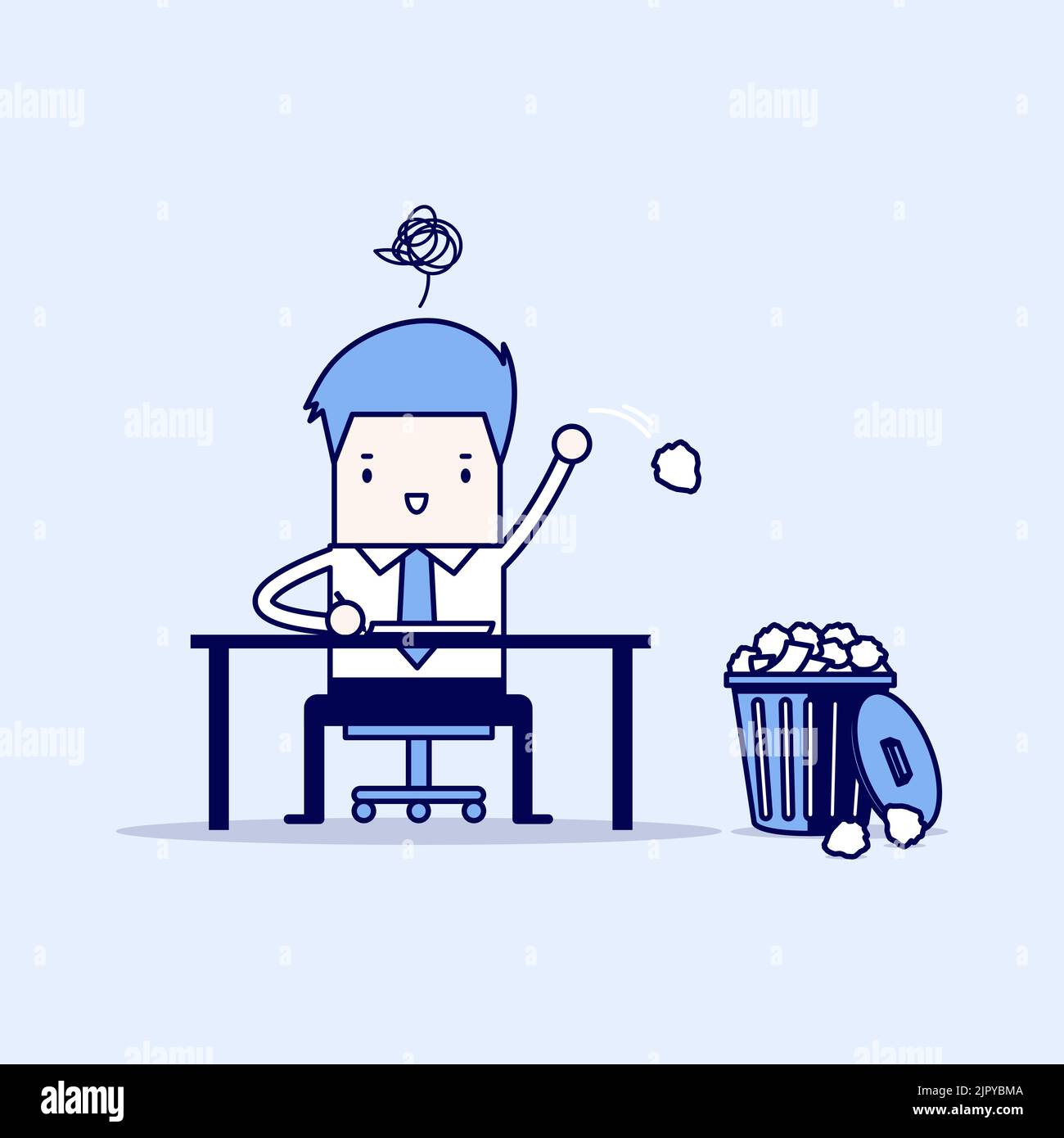 Businessman have no idea and throwing crumpled paper to trash. Cartoon ...