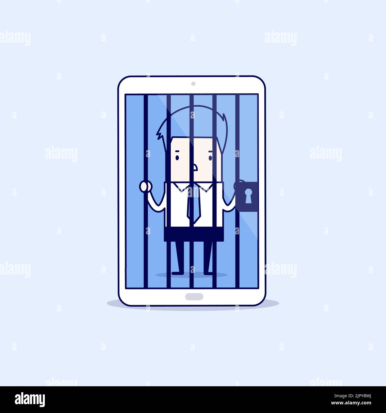 Businessman locked in smartphone. Cartoon character thin line style ...
