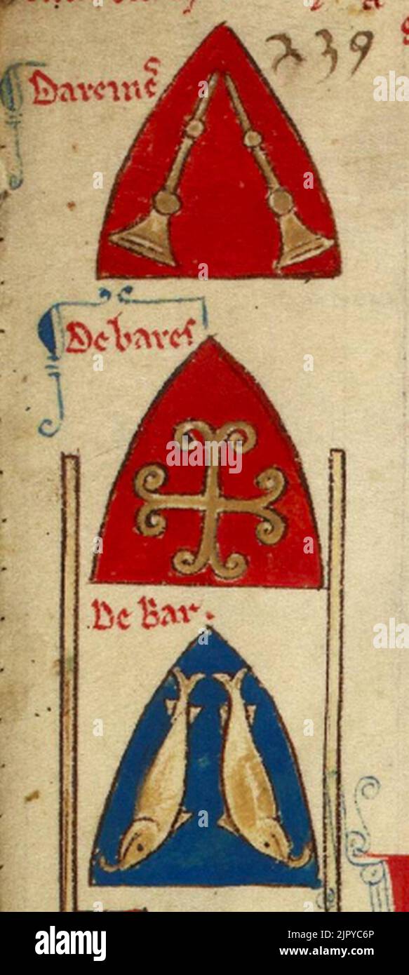 Three inverted shields with the arms of the French crusaders killed at ...
