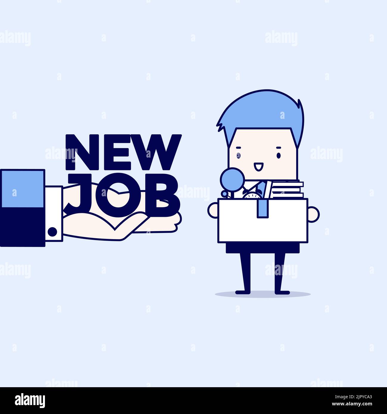 Businessman holding a box with hand offering a new job. Cartoon ...