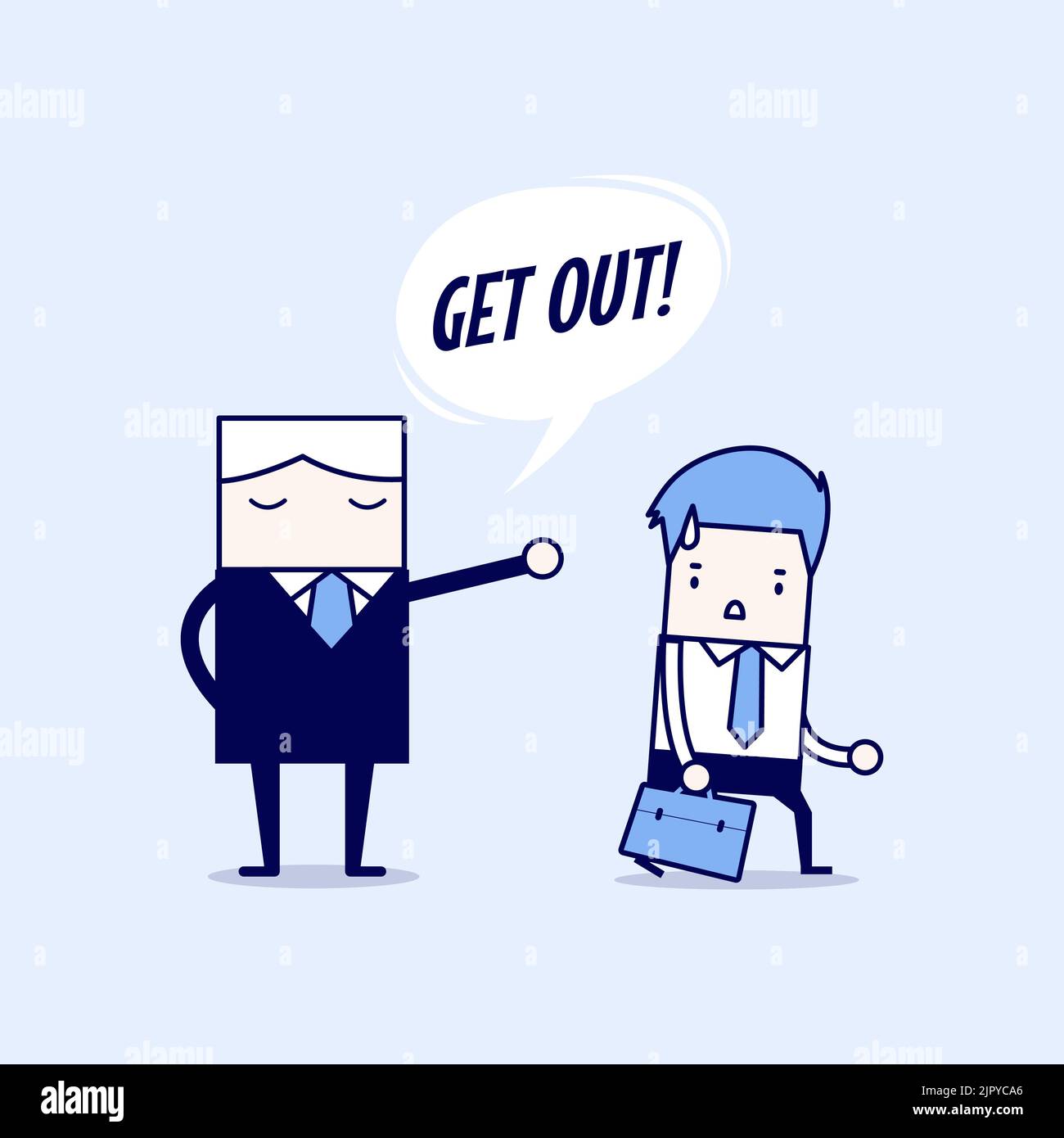 Angry boss firing employee. Layoff concept. Cartoon character thin line ...