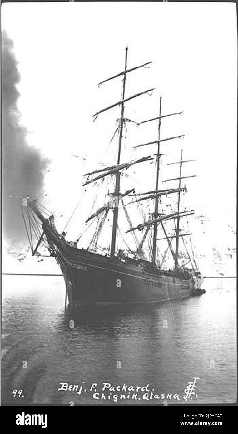 Three masted sailing ship BENJAMIN F PACKARD, Chignik, April 1911 Stock ...