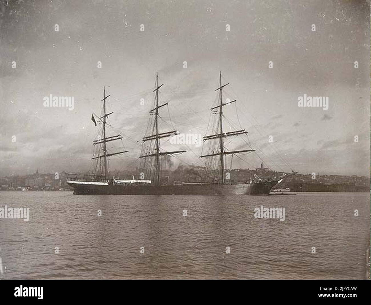 Three masted ship at anchor in Seattle harbor, Washington, ca 1900 ...