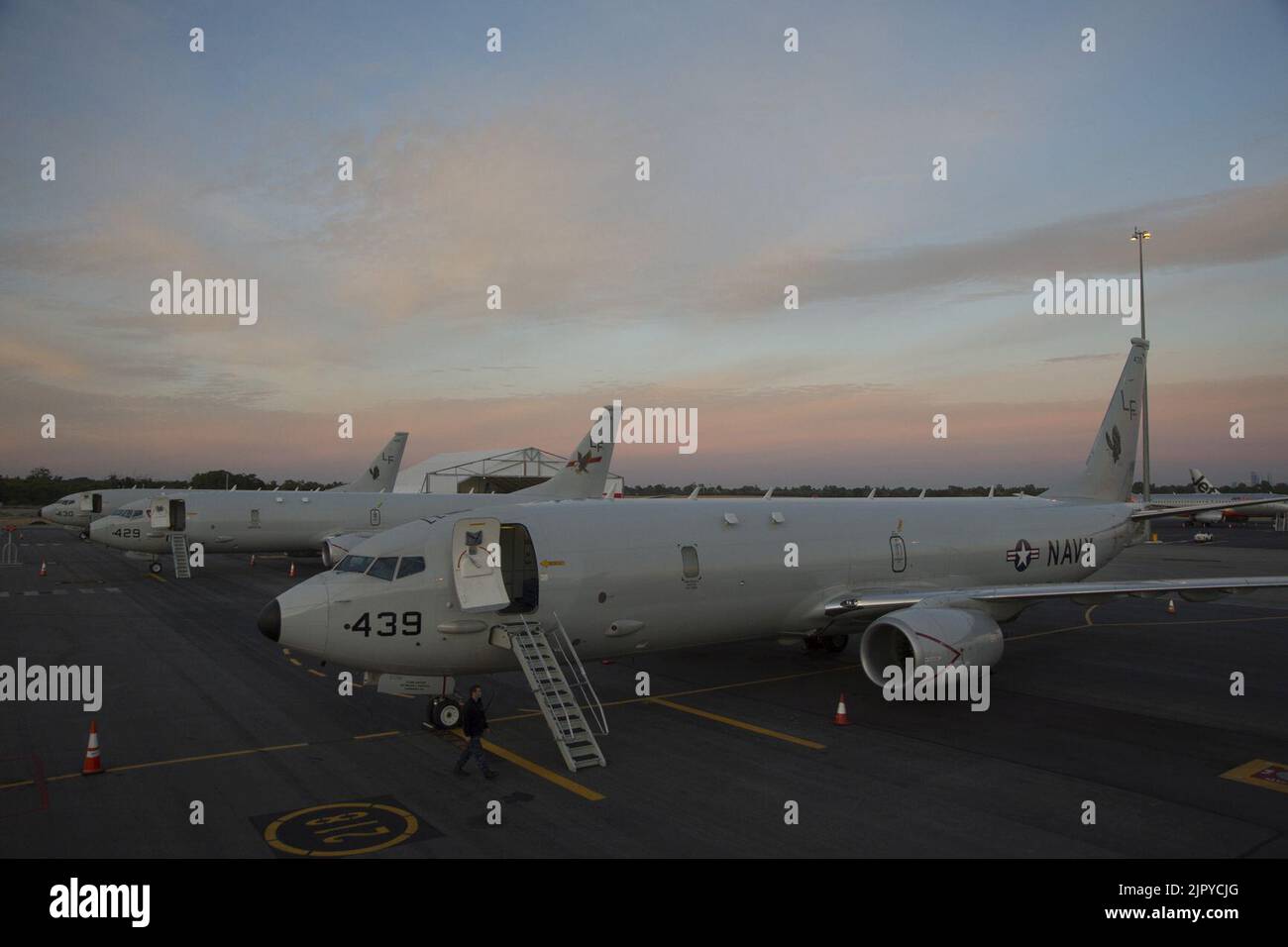 Three P-8A Poseidon aircraft from Patrol Squadron (VP) 16, at Perth ...