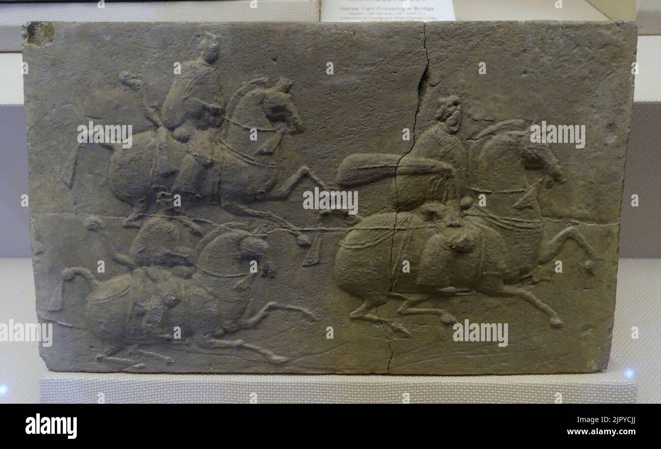 Three officials riding on horses, China, unearthed at Taiping, Pengzhou ...