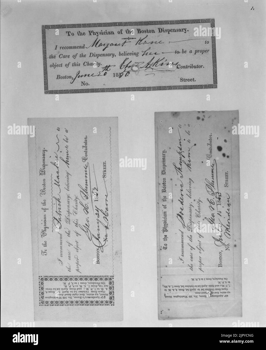 Three recommendation tickets for patients of the Boston Dispensary ...