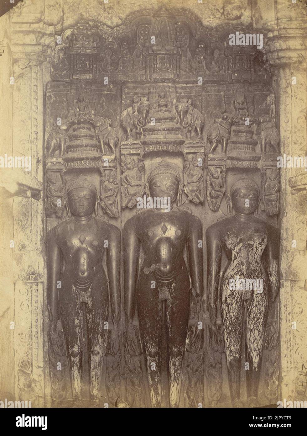 Three sculptures of Jain tirthankaras in the Bhand Dewal Temple, Arang ...