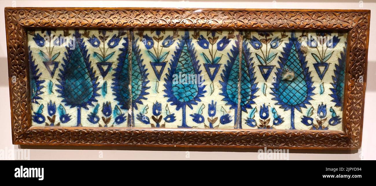 Three tiles, said to come from a mosque in Damascus, Syria, possibly ...