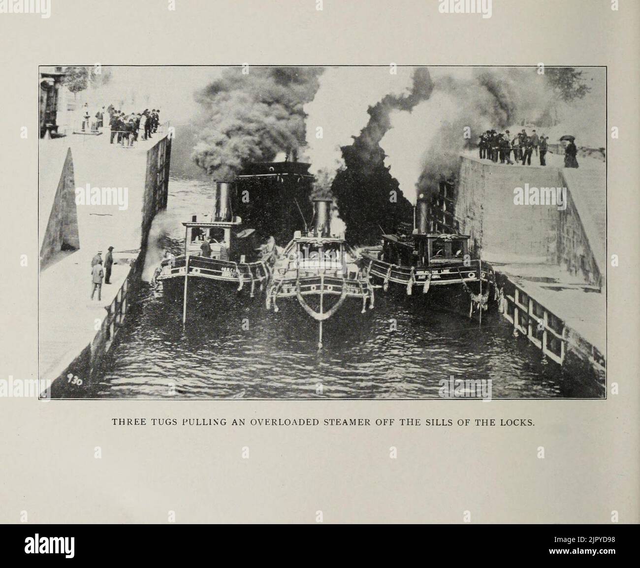 Three Tugs Pulling an Overloaded Steamer Off the Sills of the Locks ...