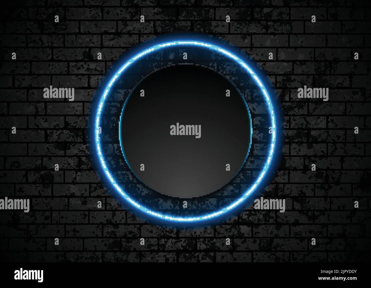 Blue neon circle on grunge brick wall background. Vector retro design ...