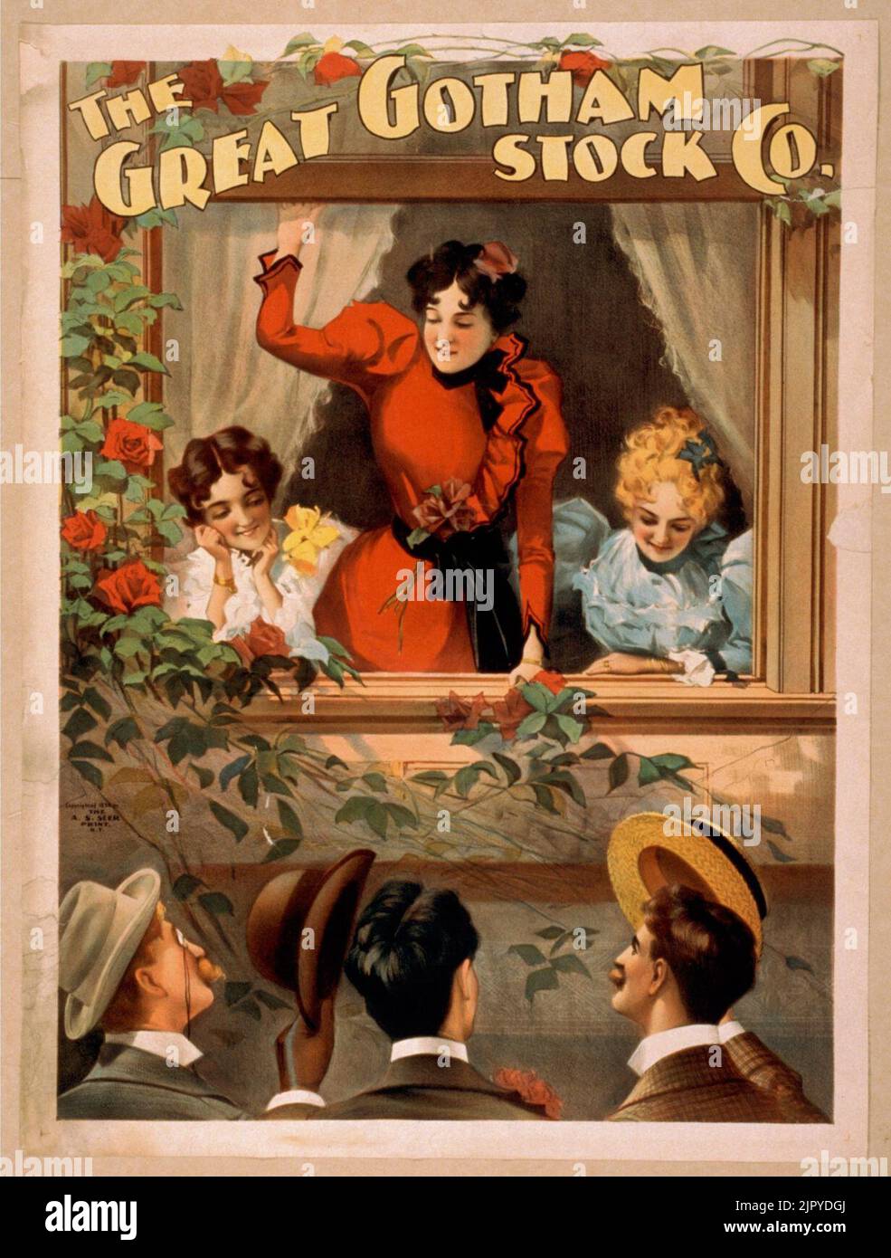 Three women in window flirting with three men outside window Stock ...