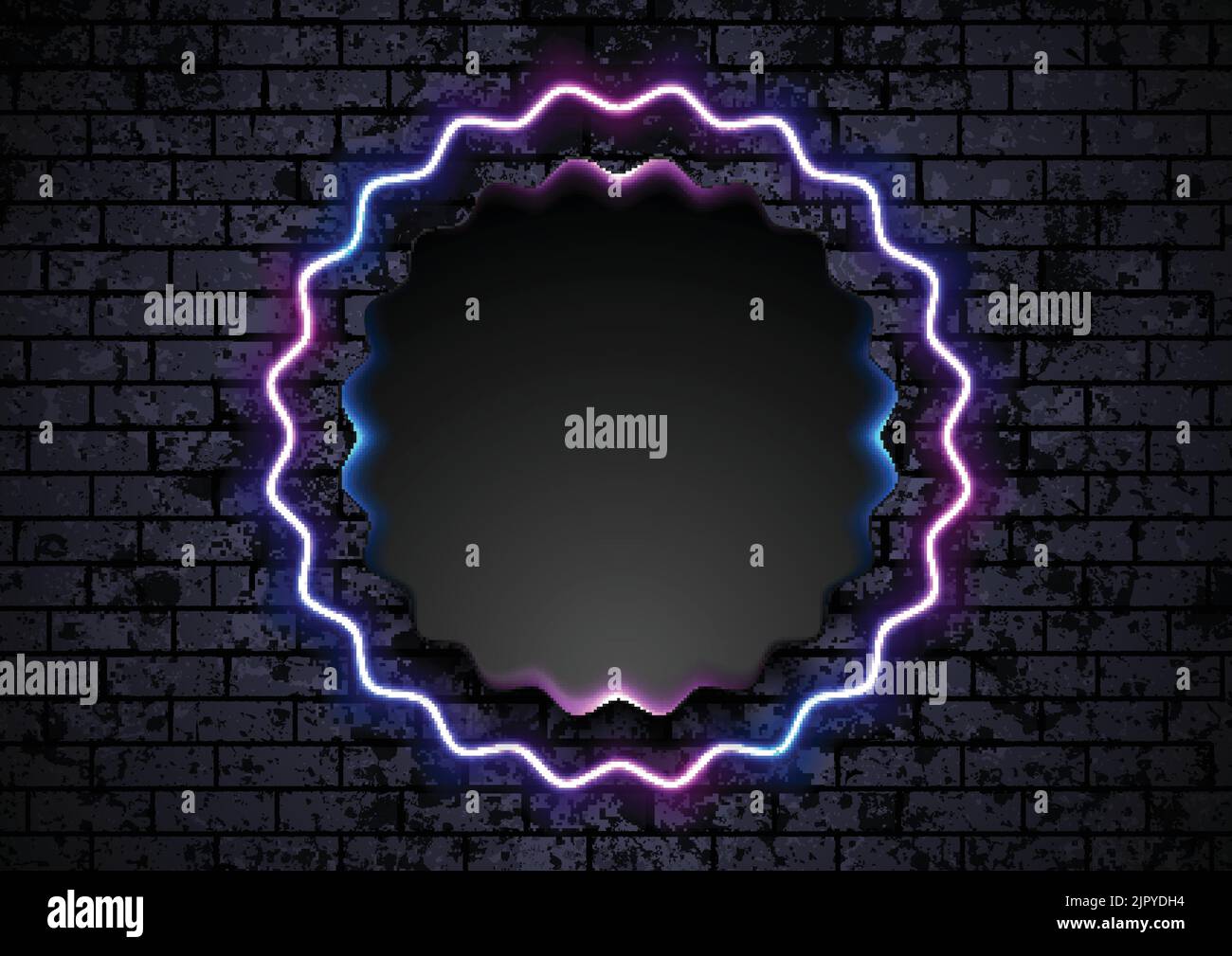 Blue and purple neon wavy label circle on grunge brick wall background ...