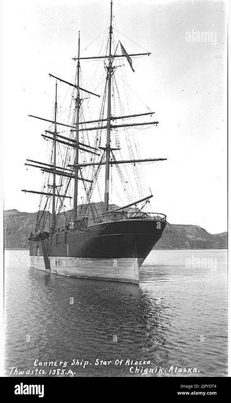 Three-masted sailing ship STAR OF ALASKA, Chignik, ca 1912 Stock Photo ...