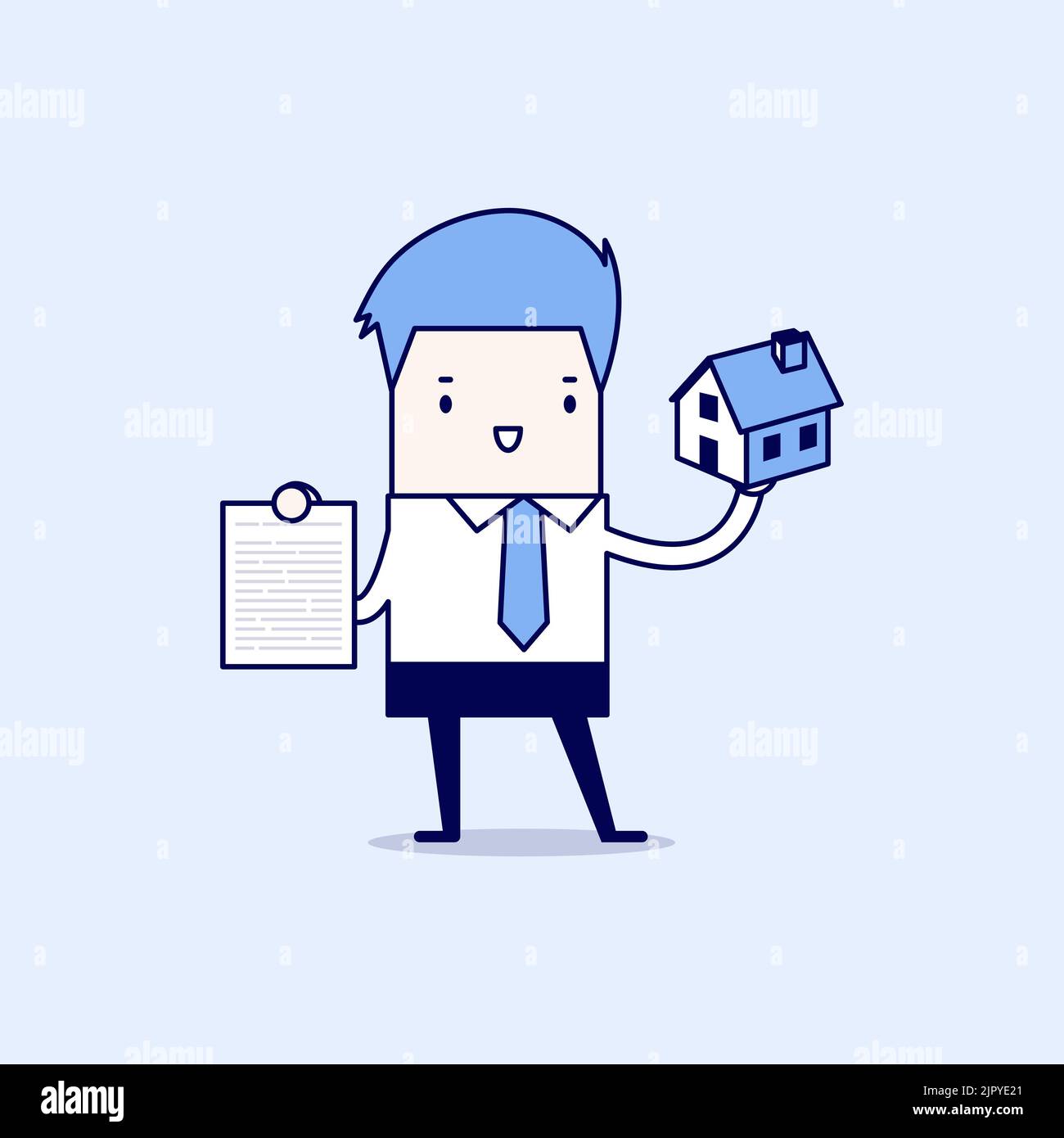 Businessman real estate agent holding house and contract. Cartoon ...