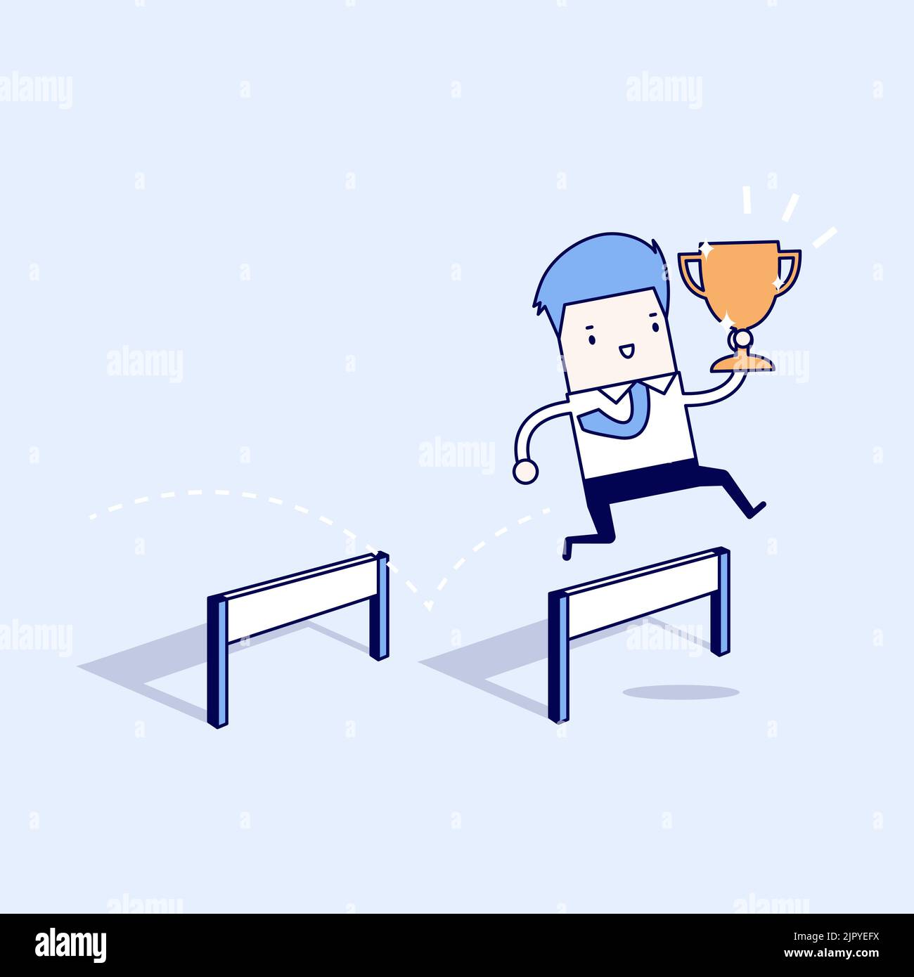 Businessman jumping and holding trophy. Cartoon character thin line ...