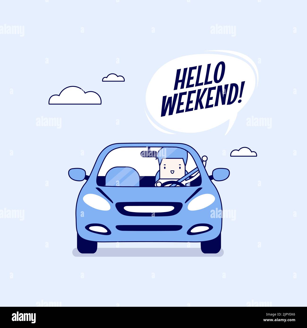 Businessman traveling by car and say Hello weekend. Cartoon character ...