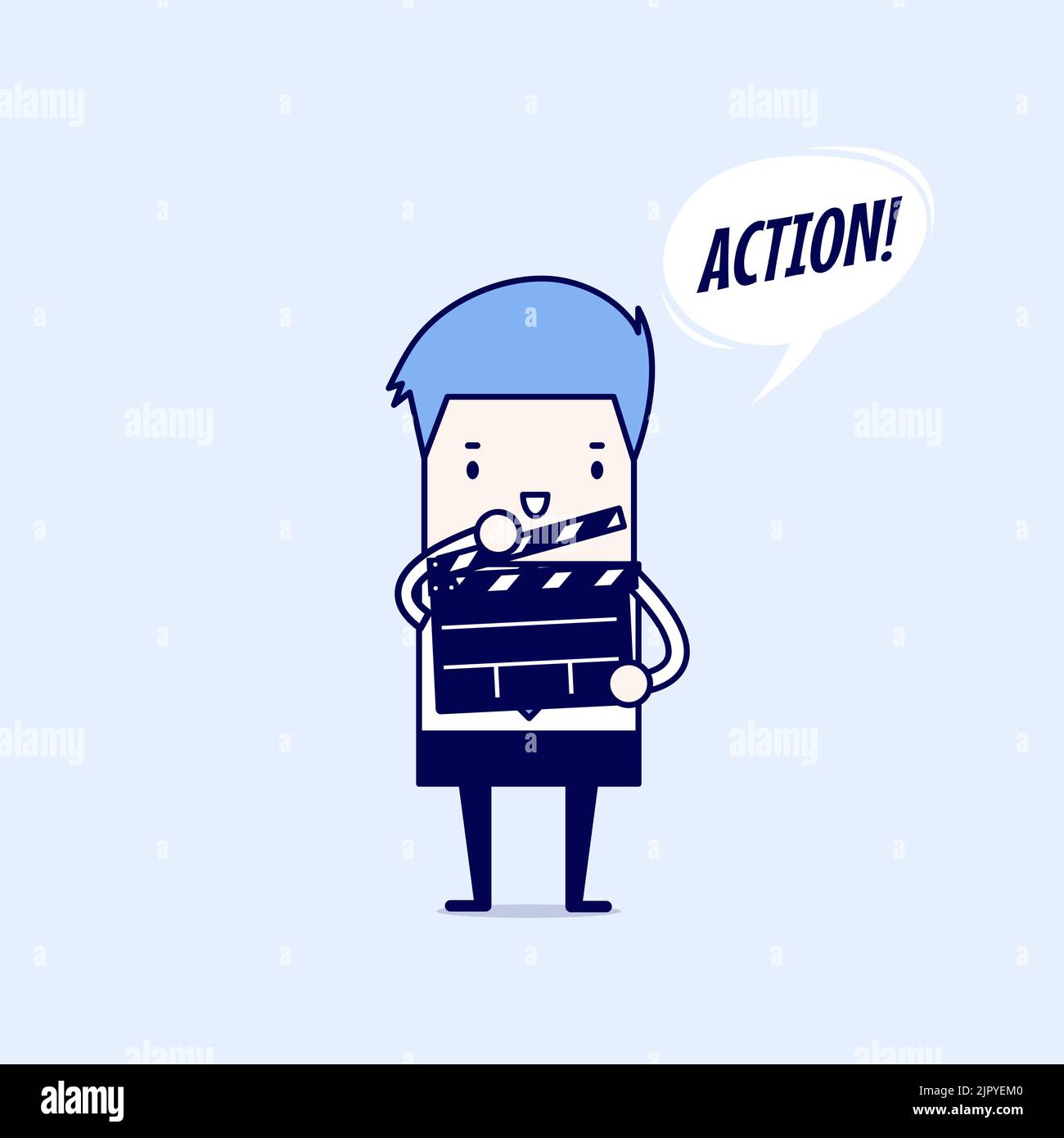 Businessman holding movie slate and say action. Cartoon character thin ...