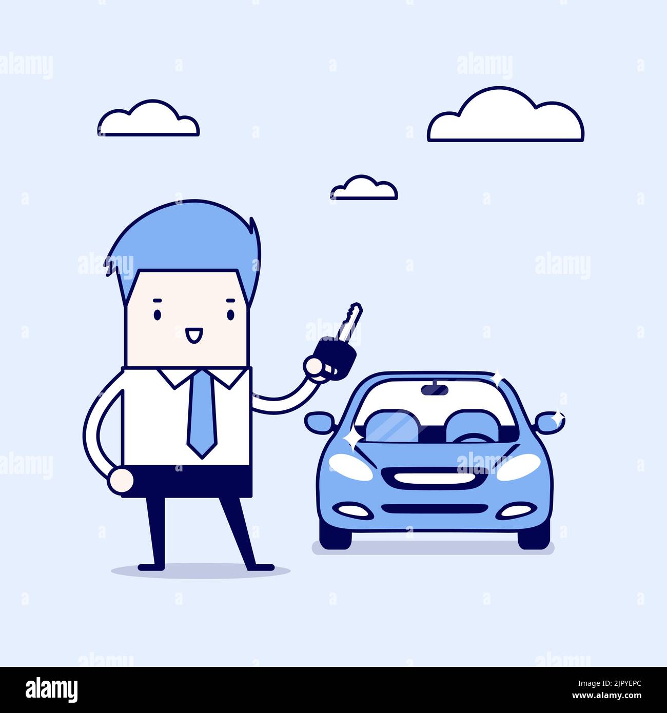 Businessman holding a key of a new car. Cartoon character thin line ...