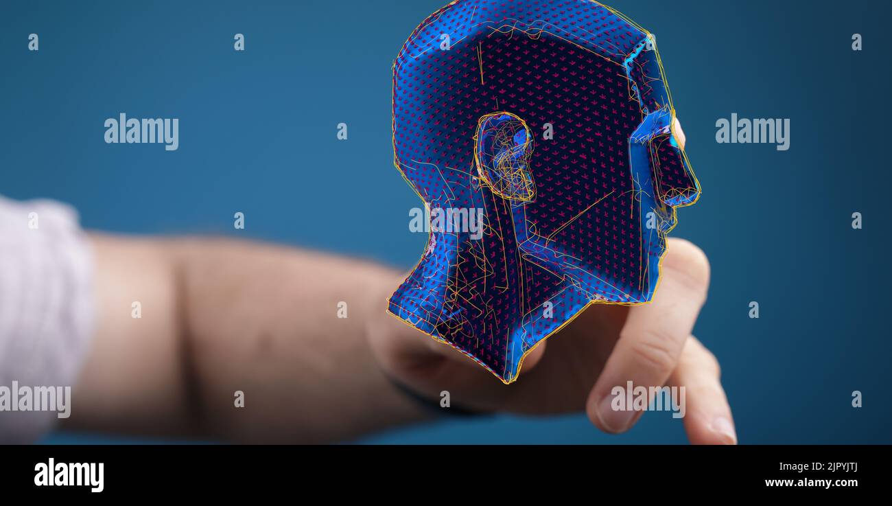 A hand touching a 3D rendered human head Stock Photo - Alamy