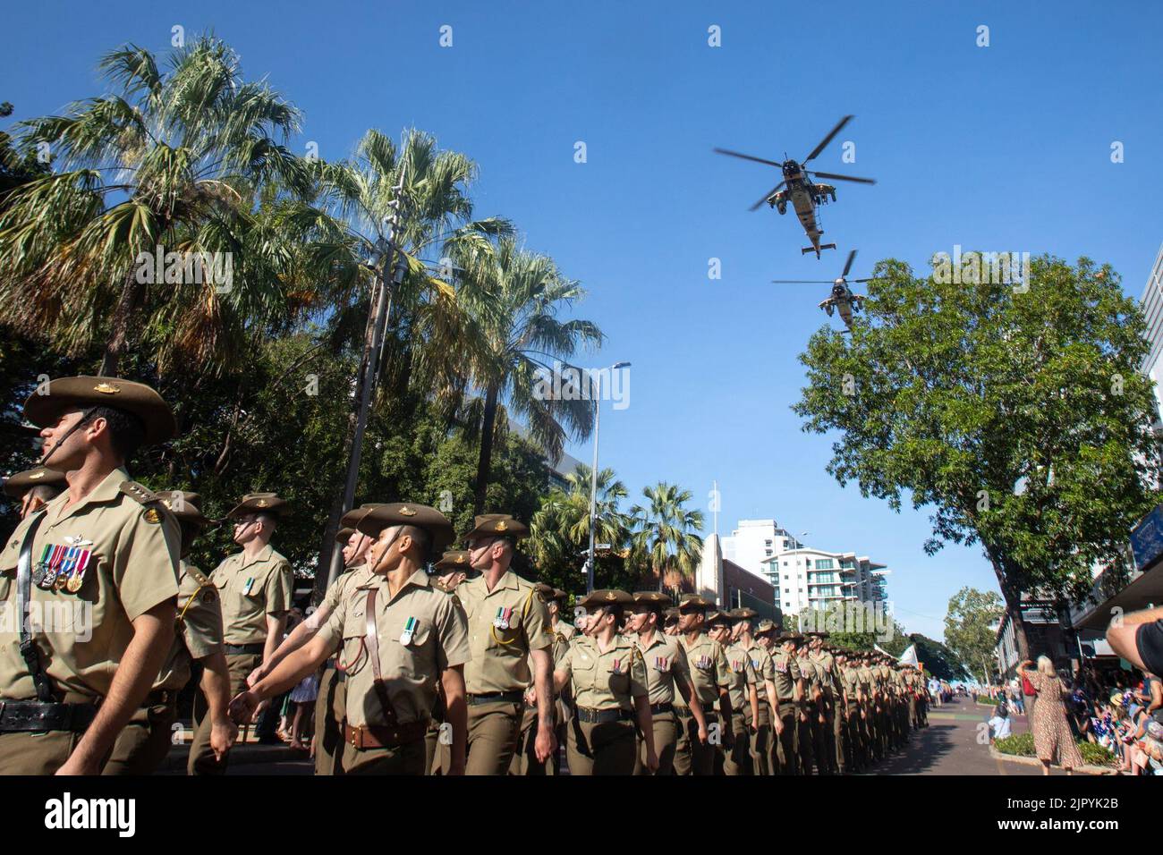 Tiger helicopters flying over the 2021 Anzac Day parade in Darwin Stock ...