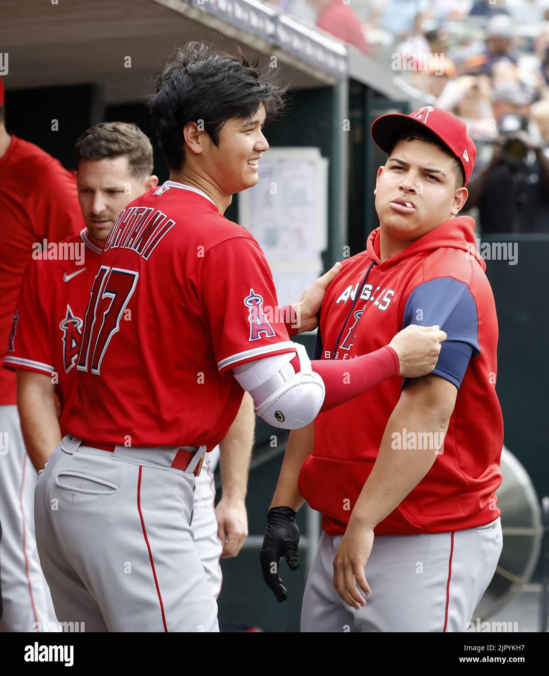 Los Angeles Angels pitcher Jose Suarez (R) and two-way player Shohei ...