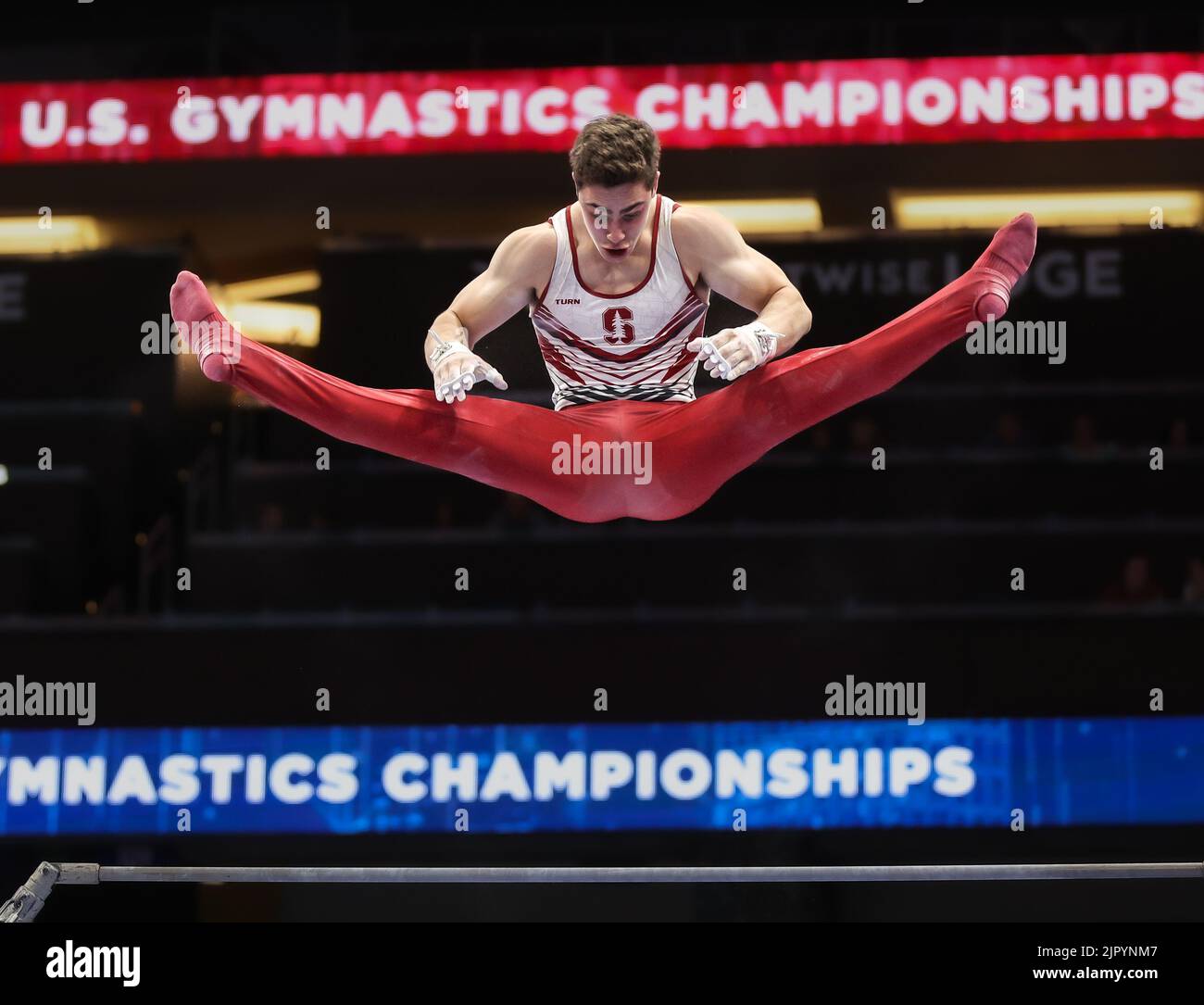 August 20, 2022: Ian Lasic-Ellis of Stanford competes on the high bar ...