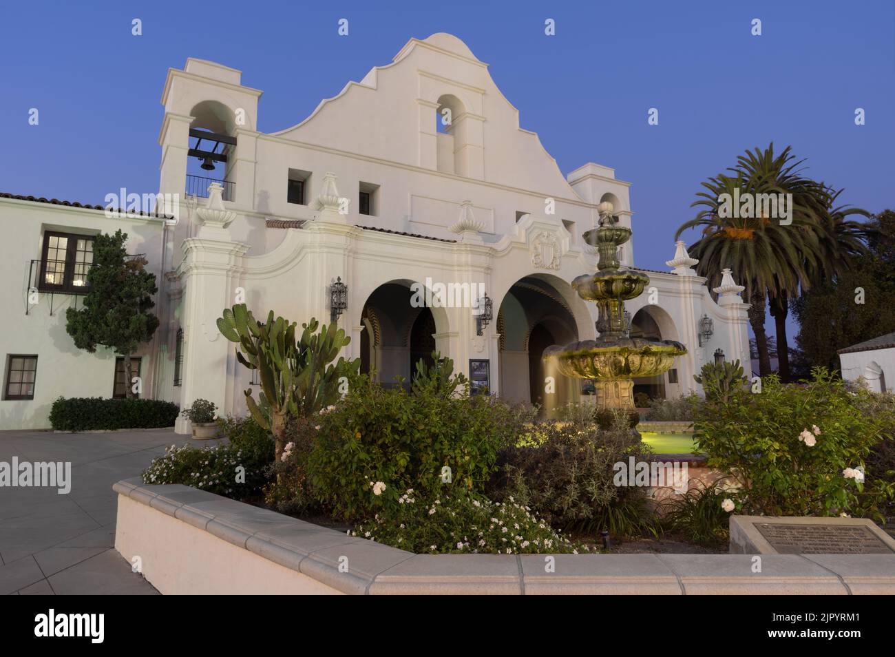 San Gabriel Mission Playhouse in the Historical District shown at dusk ...