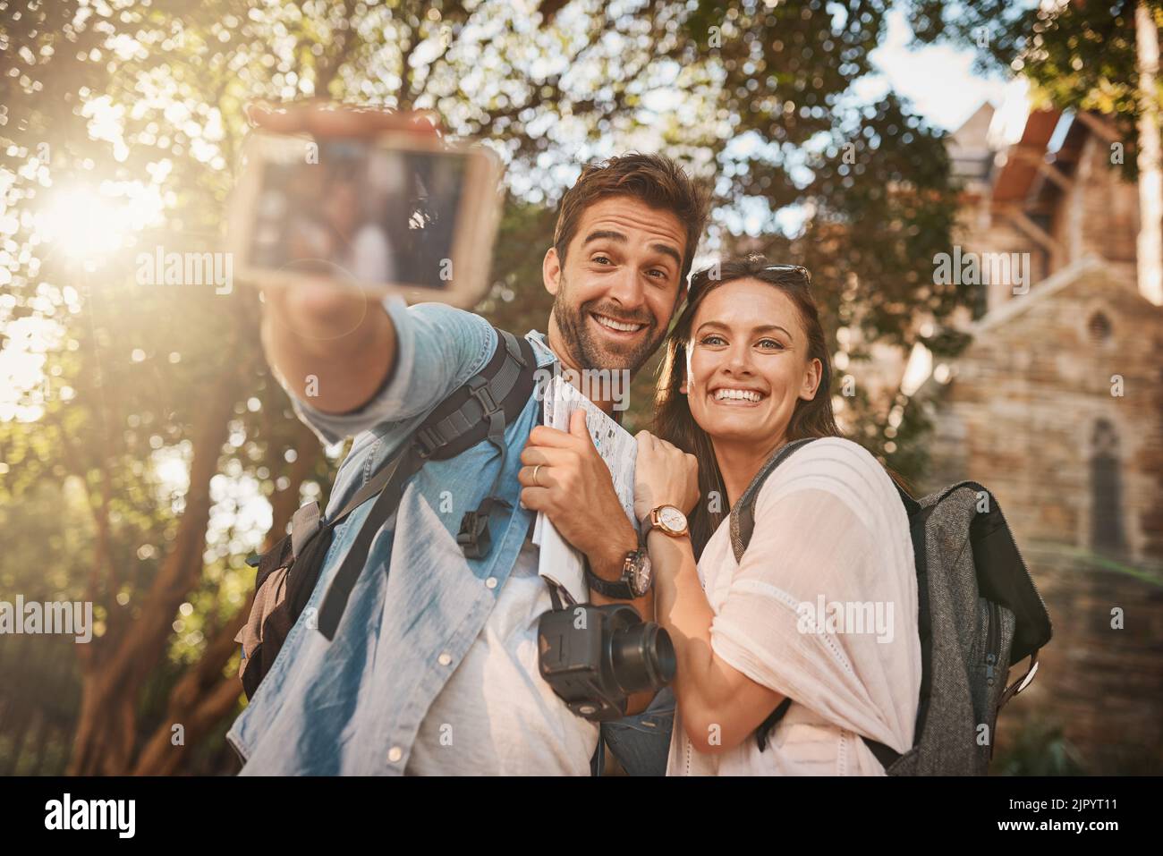 The shared experience of travel brings people together. a happy couple ...