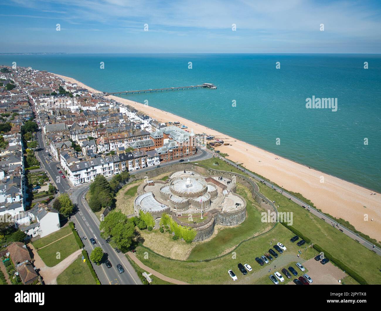 An aerial view of the Deal Castle with Deal Pier in the background, Kent, England Stock Photo ...