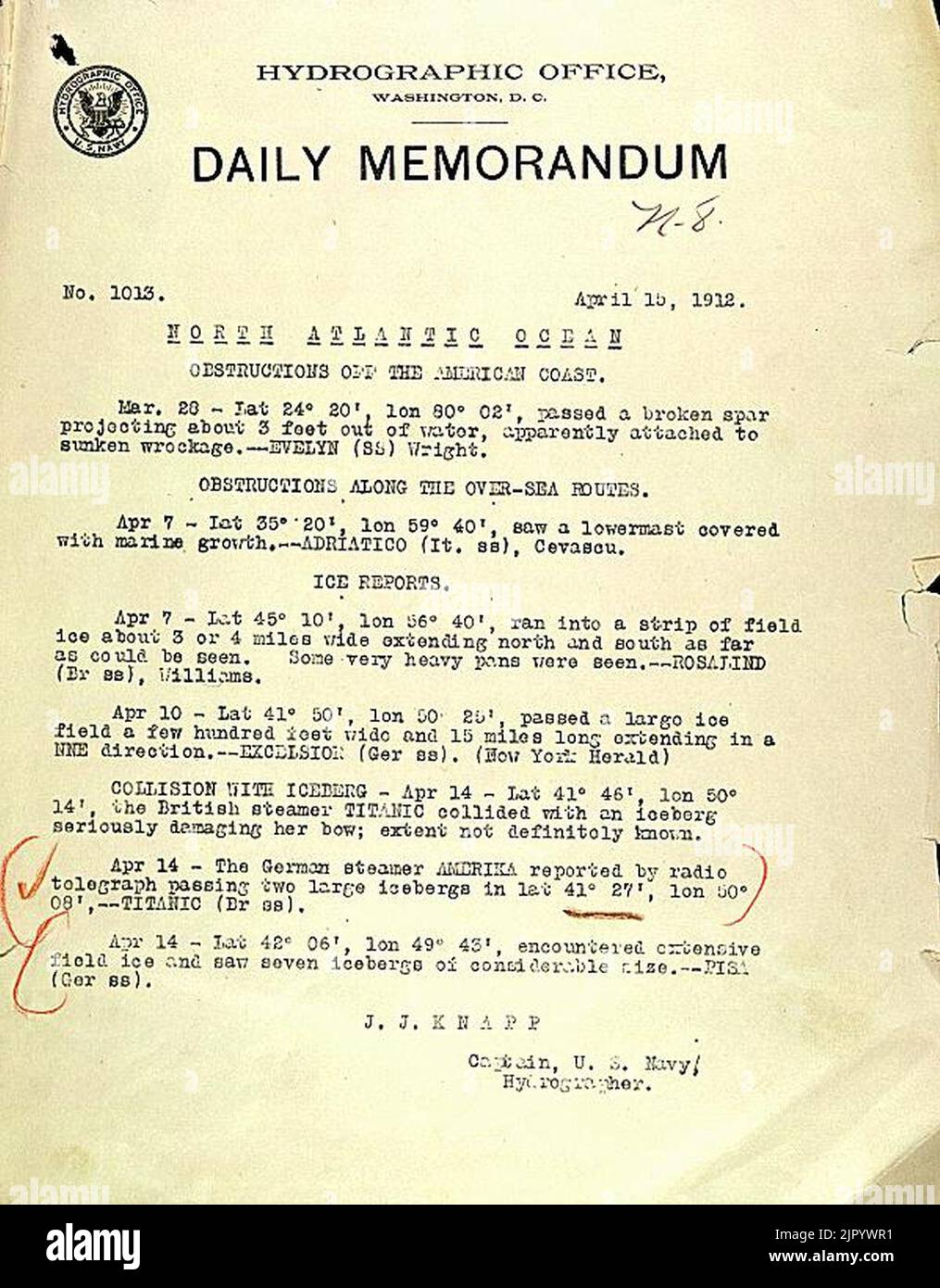 Titanic-US Navy full memorandum Stock Photo - Alamy